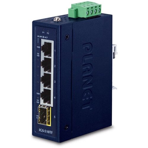 Коммутатор/ PLANET IGS-510TF IP30 Compact size 4-Port 10/100/1000T + 1-Port 100/1000X SFP Gigabit Ethernet Switch (-40~75 degrees C, dual 9~48V DC/24V
