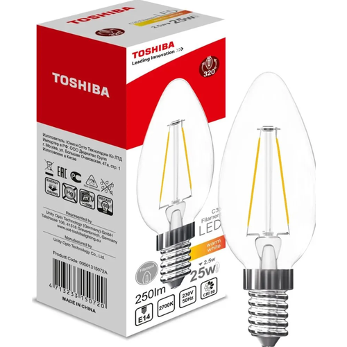 Лампочка Toshiba Светодиодная Филаментная Лампа теплый свет, цоколь E14, 2,5W Свечка, 2700K, Теплый белый свет, E14, 2.5 Вт, Светодиодная
