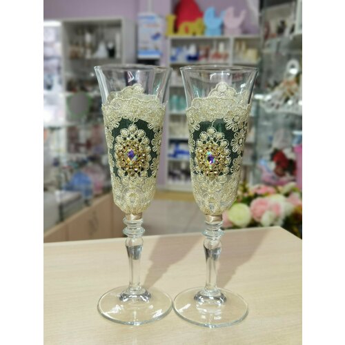 Свадебные бокалы для шампанского "Изумруд в золоте", 2 штуки