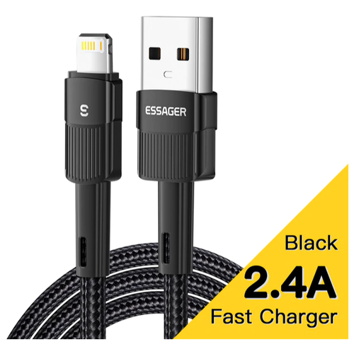 Кабель зарядный Essager Usb для iphone, 11/12/13 Pro Max Mini/Xs/Xr/X/SE/8/7/6 Plus/6s, 2.4А, черный, 1м