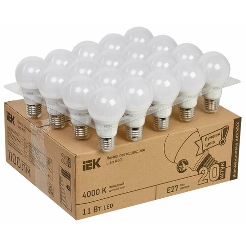 Светодиодная лампа IEK A60 E27 11 Вт 230 В 4000К 20 штук в упаковке