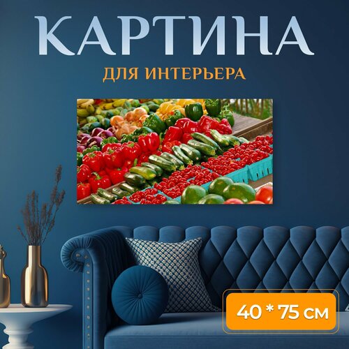 Картина на холсте "Рынок, еда, фрукты" на подрамнике 75х40 см. для интерьера