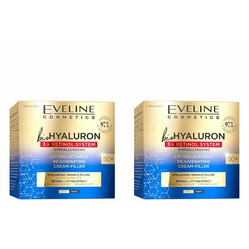Eveline Cosmetics Омолаживающий крем-филлер против морщин 50+ дневной/ночной bioHYALURON 3 x RETINOL SYSTEM, 50 мл, 2 шт