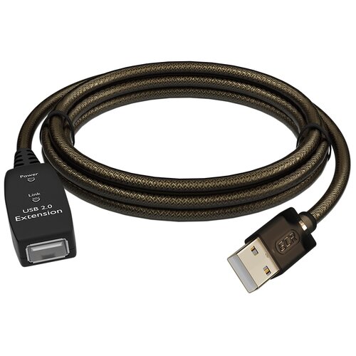 Кабель GCR GCR-UECa5, USB 2.0, AM/AF, GOLD, с усилителем сигнала, разъём для доп.питания, 28/24 AWG, 5 м, 1 шт., черный/прозрачный