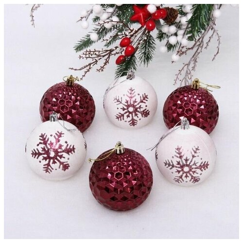 Набор новогодних игрушек на елку, шары украшения 8 см Снежное сияние (6 штук), Рубин/Белый