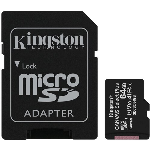 Карта памяти Kingston microSDXC 64 ГБ Class 10, V10, A1, UHS-I U1, R 100 МБ/с, адаптер на SD, 3 шт.