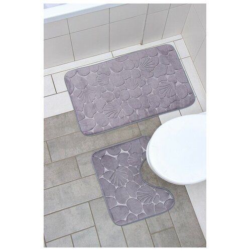 Набор ковриков для ванной и туалета Доляна «Галька, ракушки», 2 шт: 40×50, 50×80 см, цвет бежевый