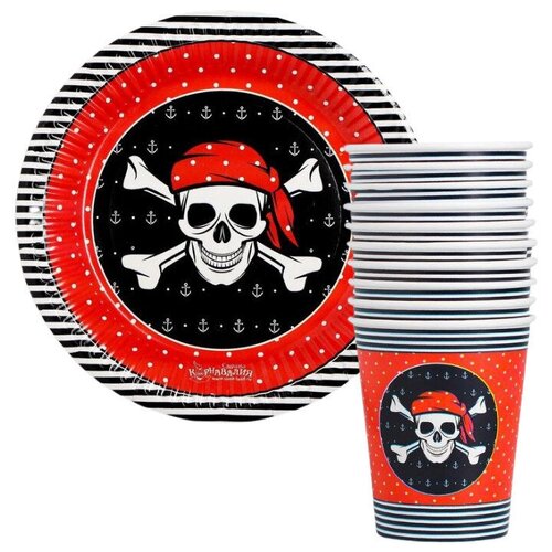 Одноразовая посуда для праздника на 10 персон "Пираты", 20 предметов (10 тарелок 18 см, 10 стаканов 250 мл)