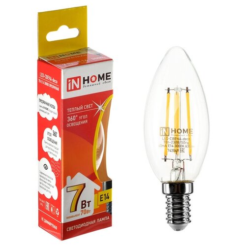 Лампа светодиодная IN HOME, Е14, С37, 7 Вт, 630 Лм, 3000 К, теплый белый, прозрачная./В упаковке шт: 1