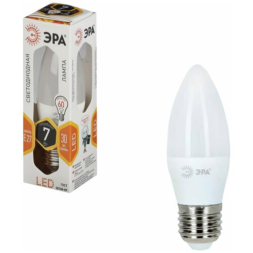 Лампа светодиодная ЭРА, 7 (60) Вт, цоколь E27, «свеча», теплый белый свет, 30000 ч, LED smdB35-7w-827-E27