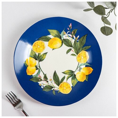 Тарелка керамическая обеденная Доляна «Лимон», d=26 см, цвет синий