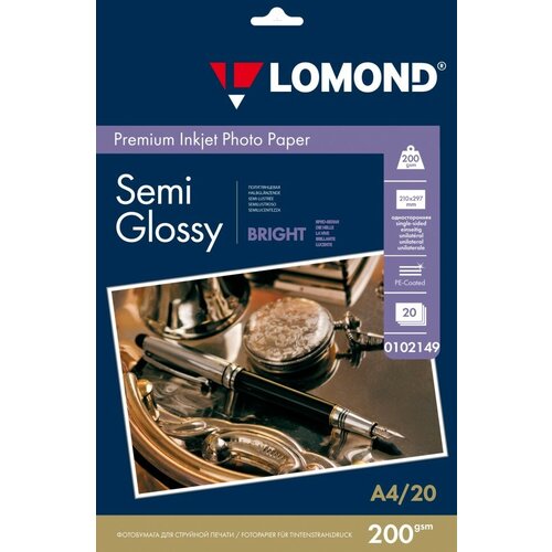 200 г/м, A4, Semi Glossy Bright Premium фотобумага, 20 листов Lomond 0102149