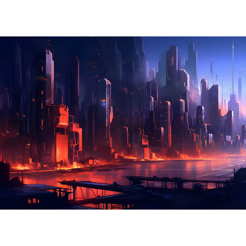 Постер - "Городской пейзаж с ночными огнями и машинами в стиле киберпанка"на холсте/ А2 / в тубусе без рамы