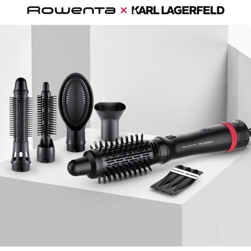 Фен щетка для волос Rowenta Karl Lagerfeld Express Style CF635LF0, черный, 5 насадок, покрытие Keratin & Glow, вращающийся шнур
