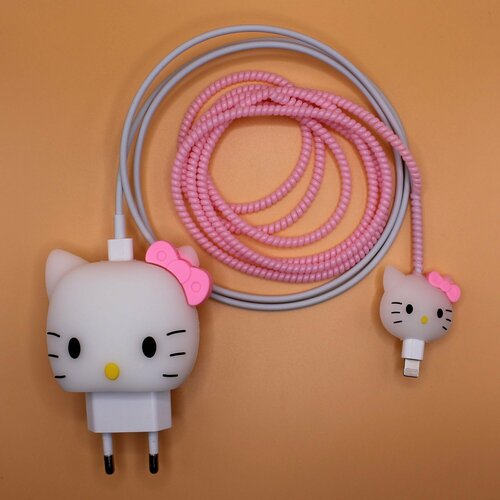 Комплект с обмоткой-спиралью для кабеля и защитный чехол для зарядки / защита кабеля от излома / Hello Kitty (розовый)