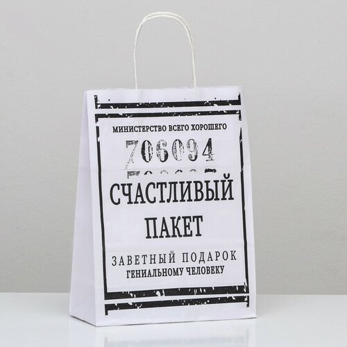 Пакет подарочный с приколами, крафт «Счастливый пакет», белый, 24 х 10,5 х 32 см, 1 шт.