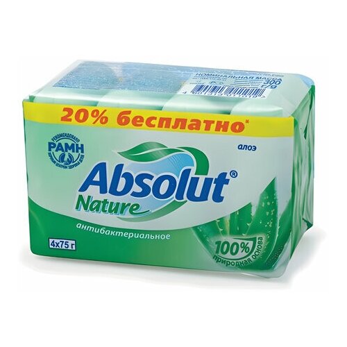 Мыло туалетное антибактериальное 300 г ABSOLUT (Абсолют) комплект 4 шт. х 75 г "Алоэ", без триклозана, 6065 (цена за 1 ед. товара)