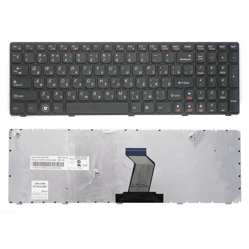 Клавиатура для ноутбука Lenovo IdeaPad V570CA черная с черной рамкой, ножка крепежа в отдалении от шлейфа