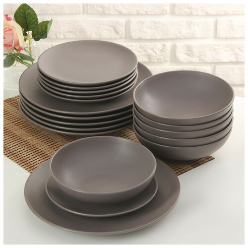 Набор тарелок керамический Доляна "Пастель", 18 предметов: 6 тарелок d=19 см, 6 тарелок d=27 см, 6 мисок d=19 см, цвет коричневый