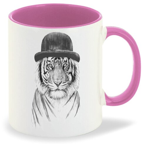Кружка розовая CoolPodarok Животные Тигр в черной шляпе