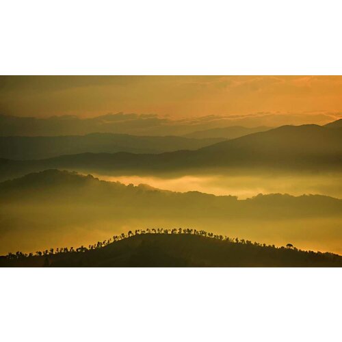 Картина на холсте 60x110 Альянс Лес "Природа Деревья Холмы Туман" на подрамнике / интерьер/ декор
