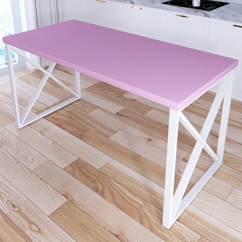Стол кухонный Loft со столешницей розового цвета из массива сосны 40 мм и белыми металлическими крестообразными ножками, 140х60х75 см