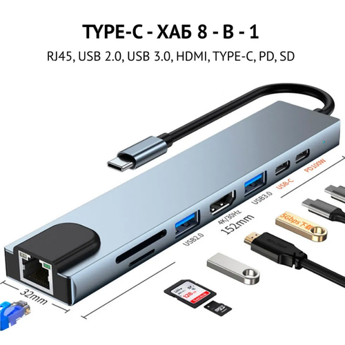 Адаптер-переходник 8 в 1 USB-концентратор Type-C - HDMI, Ethernet, USB-C, USB, SD, TF для Macbook