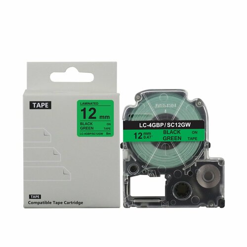 Картридж BYZ LC-4GBP/SC12GW с термолентой для принтеров Epson, 12 мм, 8 м, черный на зеленом
