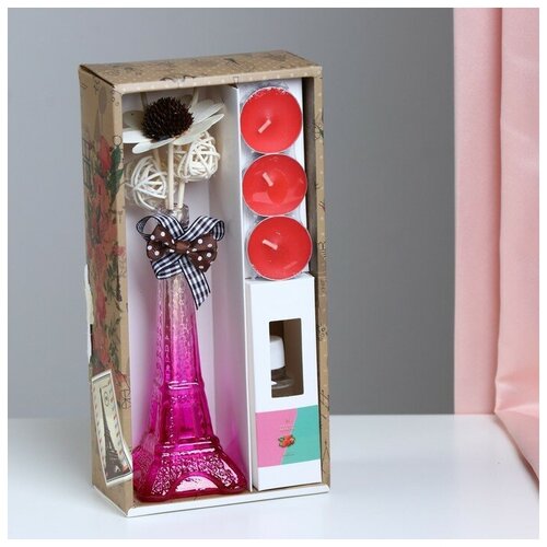 Набор подарочный "Париж": ваза, свечи, аромамасло клубника, декор, "Богатство Аромата"8 марта