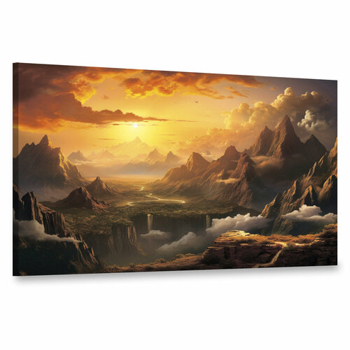 Интерьерная картина 100х60 "Горы в золотых тонах: идеальное утро"