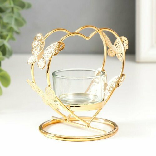 Подсвечник металл, стекло на 1 свечу "Сердце с бабочками" d-4 см золото 7,5х10х10 см (комплект из 3 шт)