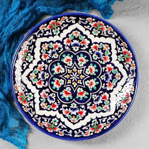 Шафран Ляган Риштанская Керамика "Цветы", 32 см, синий