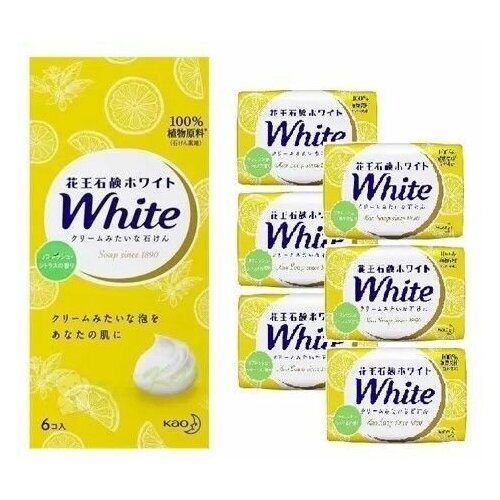 KAO "White Refresh Citrus" Кусковое крем-мыло со скваланом, с освежающим ароматом цитрусовых, 6 X 85 г