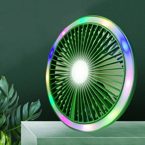 Вентилятор мини 3 в 1, LED подсветка, фонарь, настольный, подвесной, 3 скорости, с питанием от USB, зеленый