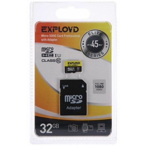 Карта памяти MicroSD, 32 Гб, SDHC, UHS-1, класс 10, 45 Мб/с, с адаптером SD