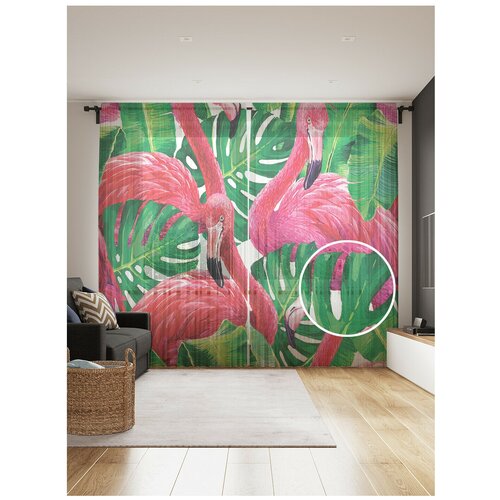 Тюль для кухни и спальни JoyArty "Удивленные фламинго", 2 полотна со шторной лентой шириной по 145 см, высота 265 см.