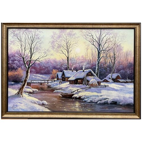 Картина маслом, зимний пейзаж "Зимний пейзаж с лодкой"