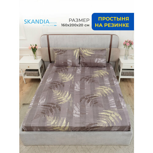 Простыня на резинке 160х200 SKANDIA design by Finland МикроСатин, простынь на резинке с бортом 20см r026 Листья папоротника на сером