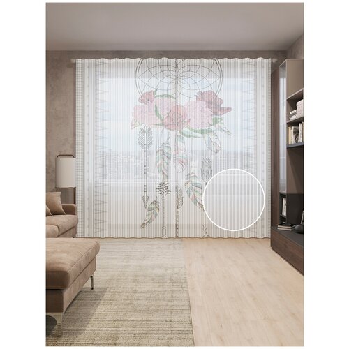 Тюль вуаль на шторной ленте с принтом "Цветочный ловец снов" для гостиной, зала, кухни, спальни, детской, 310х265 см; Светло-розовый, серый, белый
