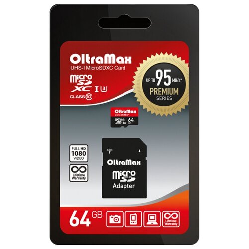 Карта памяти OltraMax microSDXC 64 ГБ Class 10, V30, A2, UHS-I U3, R 95 МБ/с, 1 шт., черный
