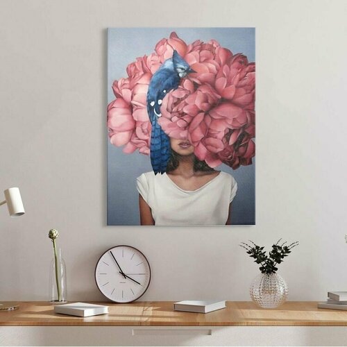 "Девушка с розовыми пионами и синей птицей" интерьерная картина на холсте 70на 50 / 70х50