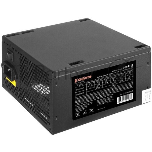 Блок питания 600W ExeGate 600PPE, ATX, PC, black, APFC, 12cm, 24p+(4+4)p, PCI-E, 5*SATA, 3*IDE, FDD + кабель 220V в комплекте