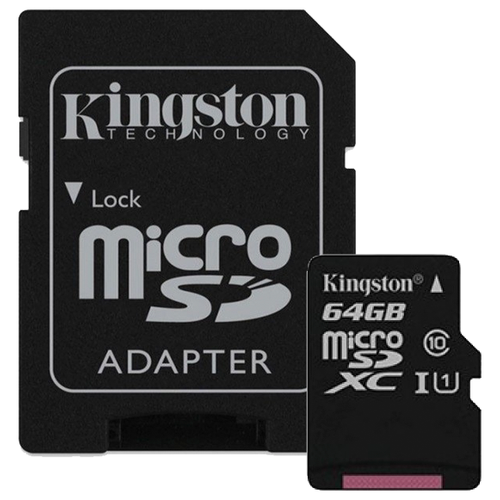 Карта памяти Kingston microSDXC 64 ГБ Class 10, UHS-I U1, R/W 80/10 МБ/с, адаптер на SD