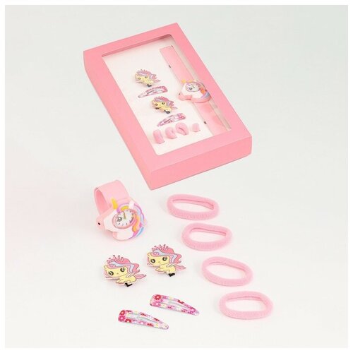 Детский подарочный набор для девочек "Пони" 9 в 1: наручные часы, 4 резинки, 2 зажима, 2 невидимки 7