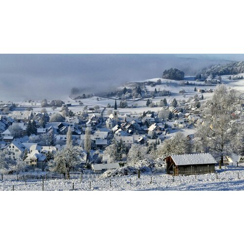 Картина на холсте 60x110 LinxOne "Швейцария снег Дома Зима" интерьерная для дома / на стену / на кухню / с подрамником