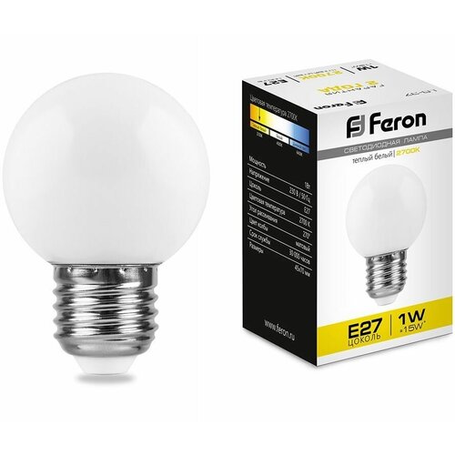 Лампа светодиодная LED 1вт Е27 белый 2700К (шар) | код. 25878 | FERON (40шт. в упак.)