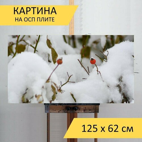 Картина на ОСП 125х62 см. "Снег, ягода, красный" горизонтальная, для интерьера, с креплениями
