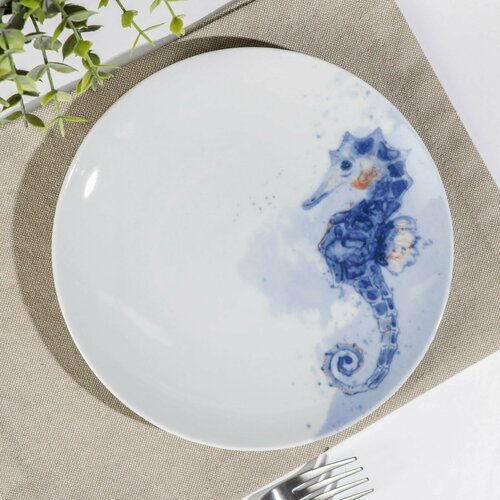 Набор тарелок 6 шт, диаметр 20 см, фарфоровые плоские тарелки с рисунком "Конёк"