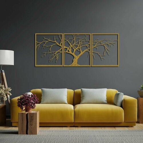 Декоративное панно деревянное, Древо жизни, набор из 3 элементов декора (матовое золото)
