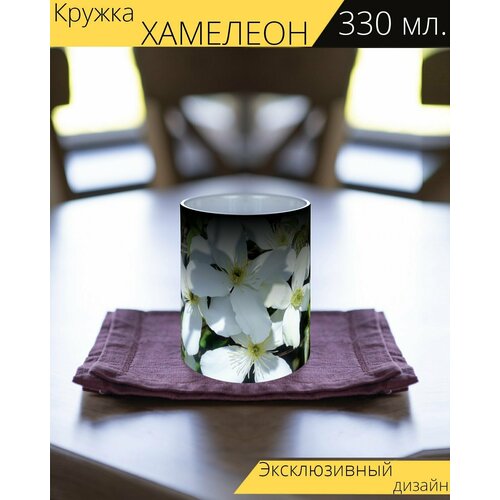 Кружка хамелеон с принтом "Цветы, белый, нежный" 330 мл.